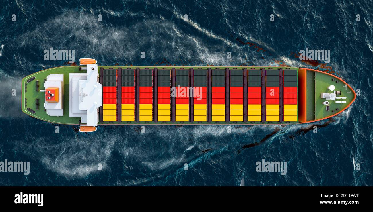 Freighter ship with German cargo containers sailing in ocean, 3D ...