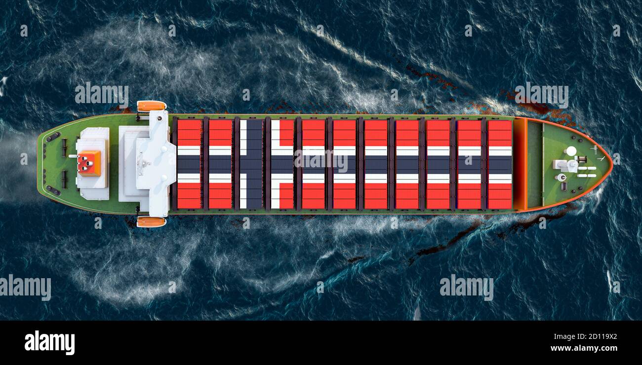Freighter ship with Norwegian cargo containers sailing in ocean, 3D ...