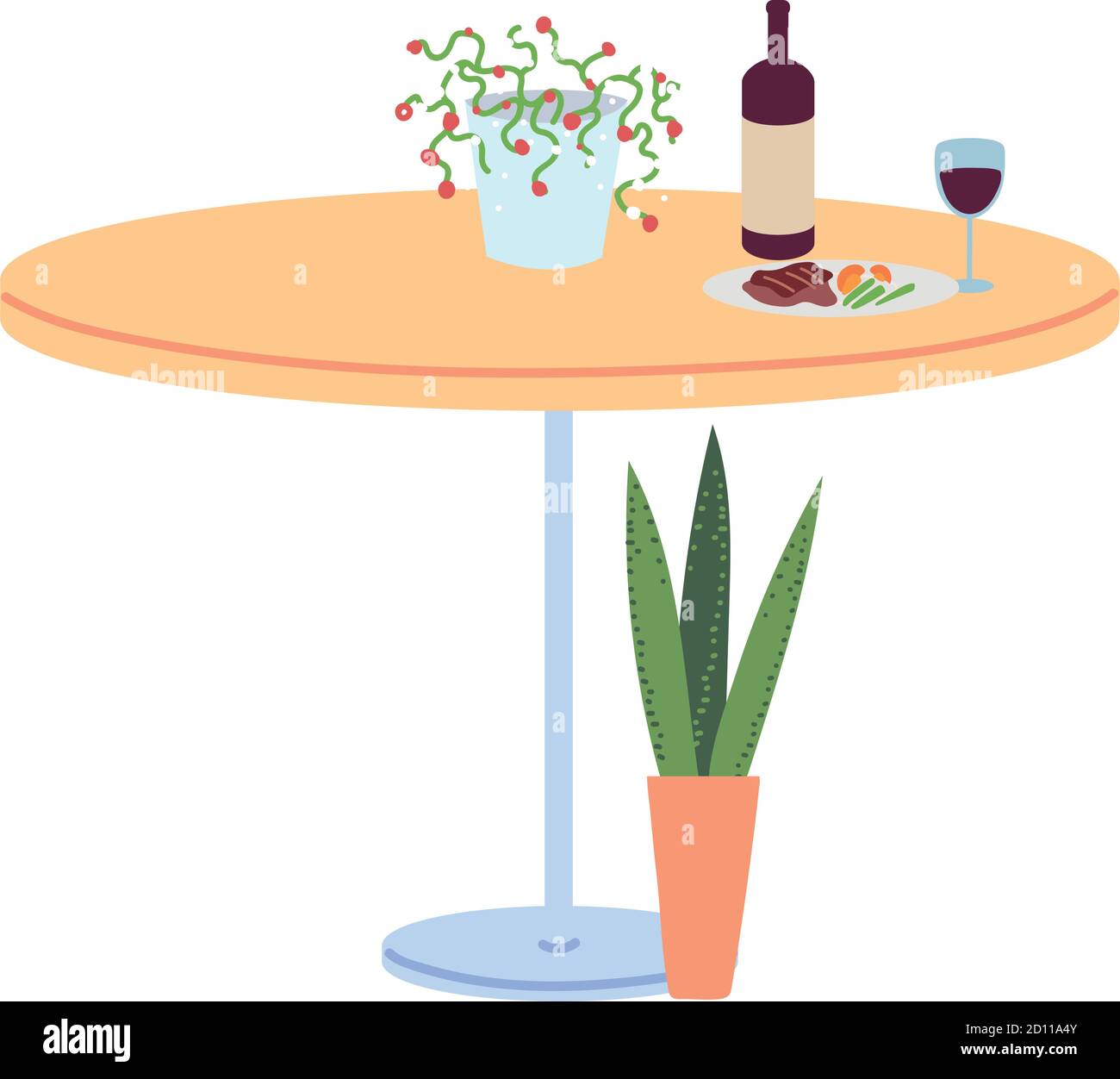restaurant table with food, wine bottle and vase of flowers on white ...
