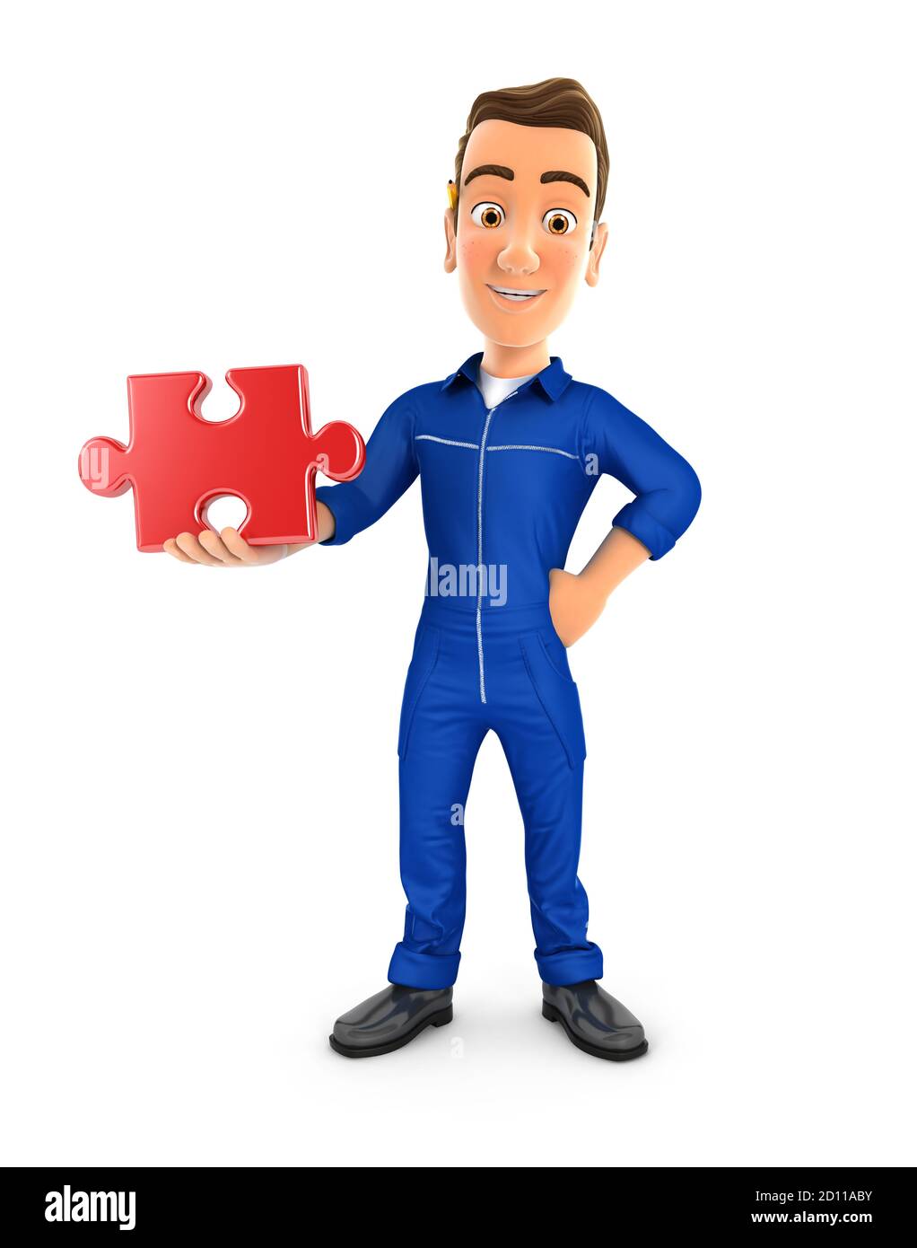 3d mechanic standing with a piece of puzzle, illustration with isolated ...