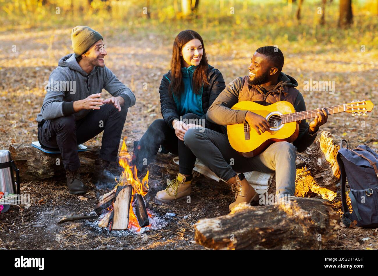 Friends camping woods hi-res stock photography and images - Alamy