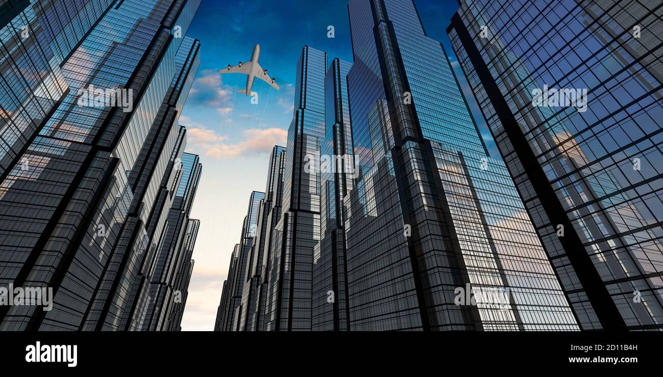 Airplane plying in business district area, skyscrapers - 3D ...