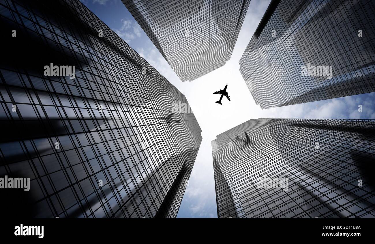 Airplane plying in business district area, skyscrapers - 3D ...