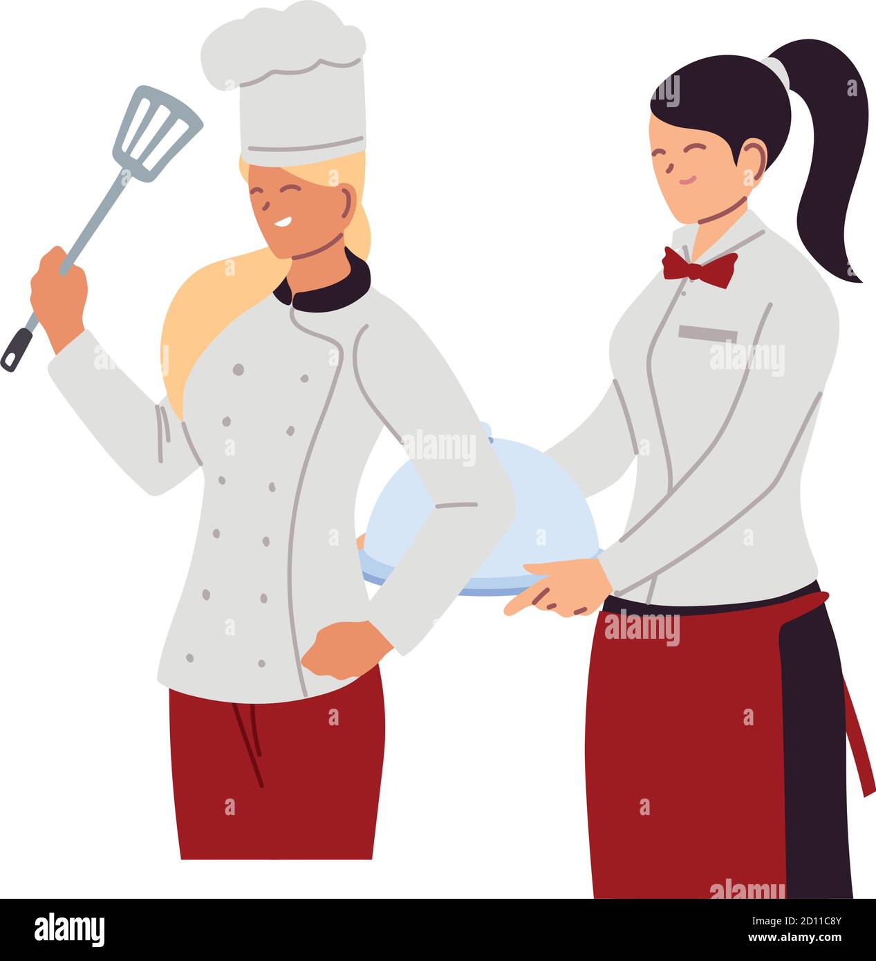 women chef and waitress with trays and utensils vector illustration ...