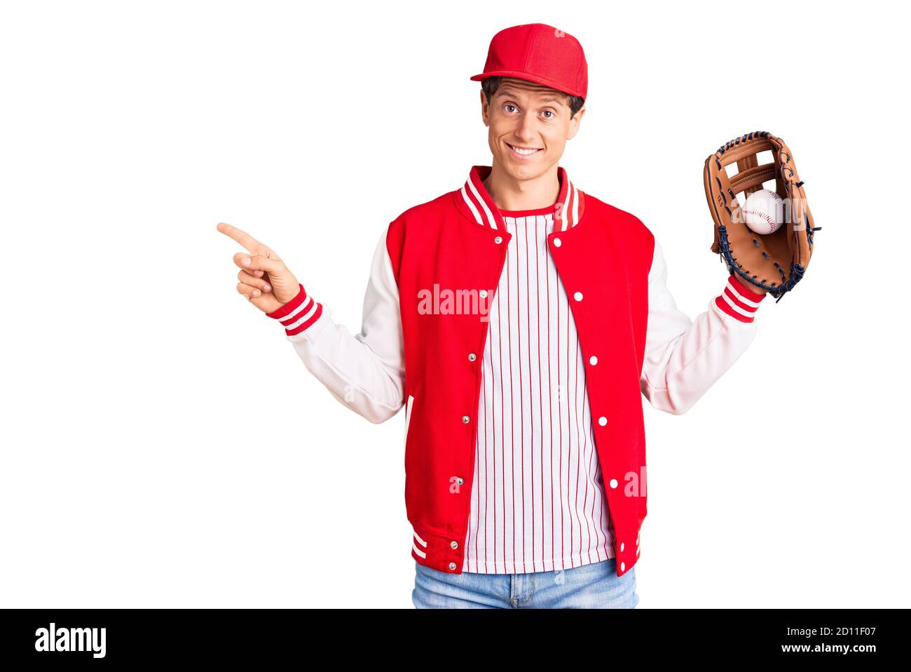 Young handsome man wearing baseball uniform holding golve and ball ...