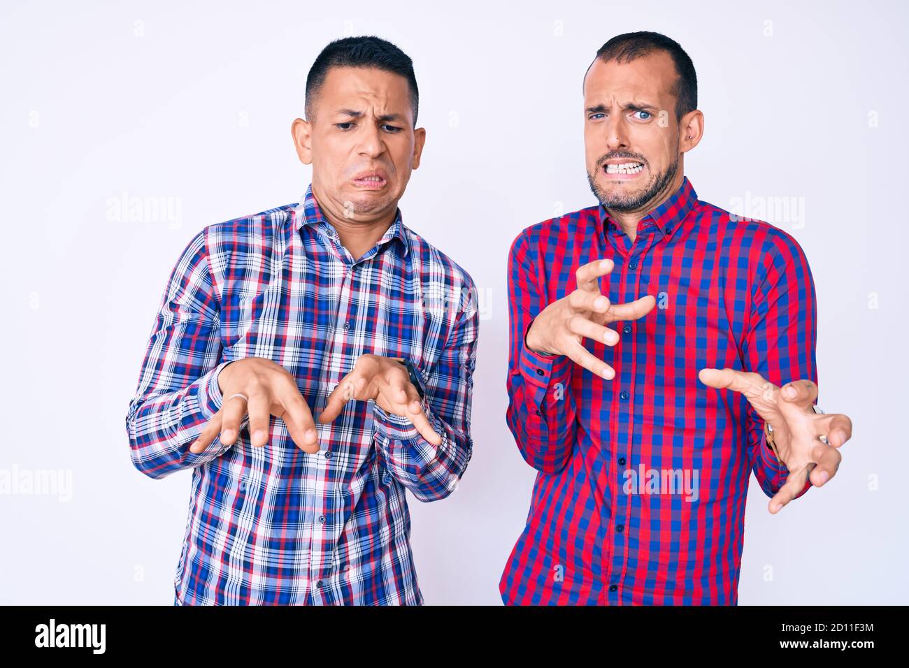 Young gay couple of two men wearing casual clothes disgusted expression ...