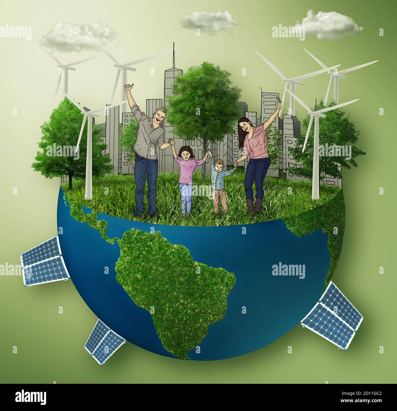 Family of four standing on a clean globe with windmills and solar ...