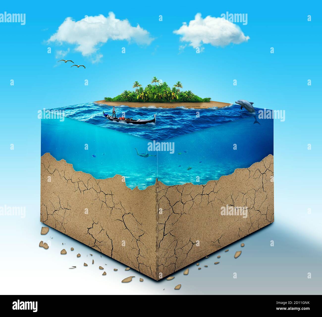 Cube square shape of earth and sea, ocean with an island on it and ...