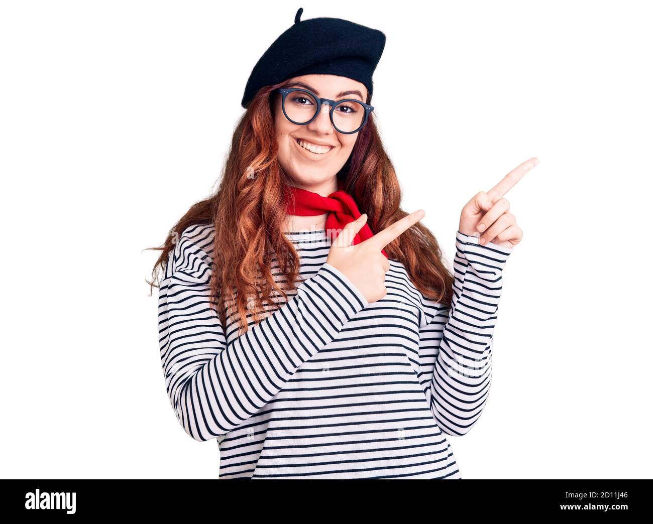 Young beautiful woman wearing french look with beret smiling and ...