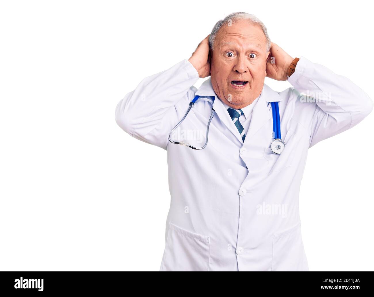 Senior handsome grey-haired man wearing doctor coat and stethoscope ...