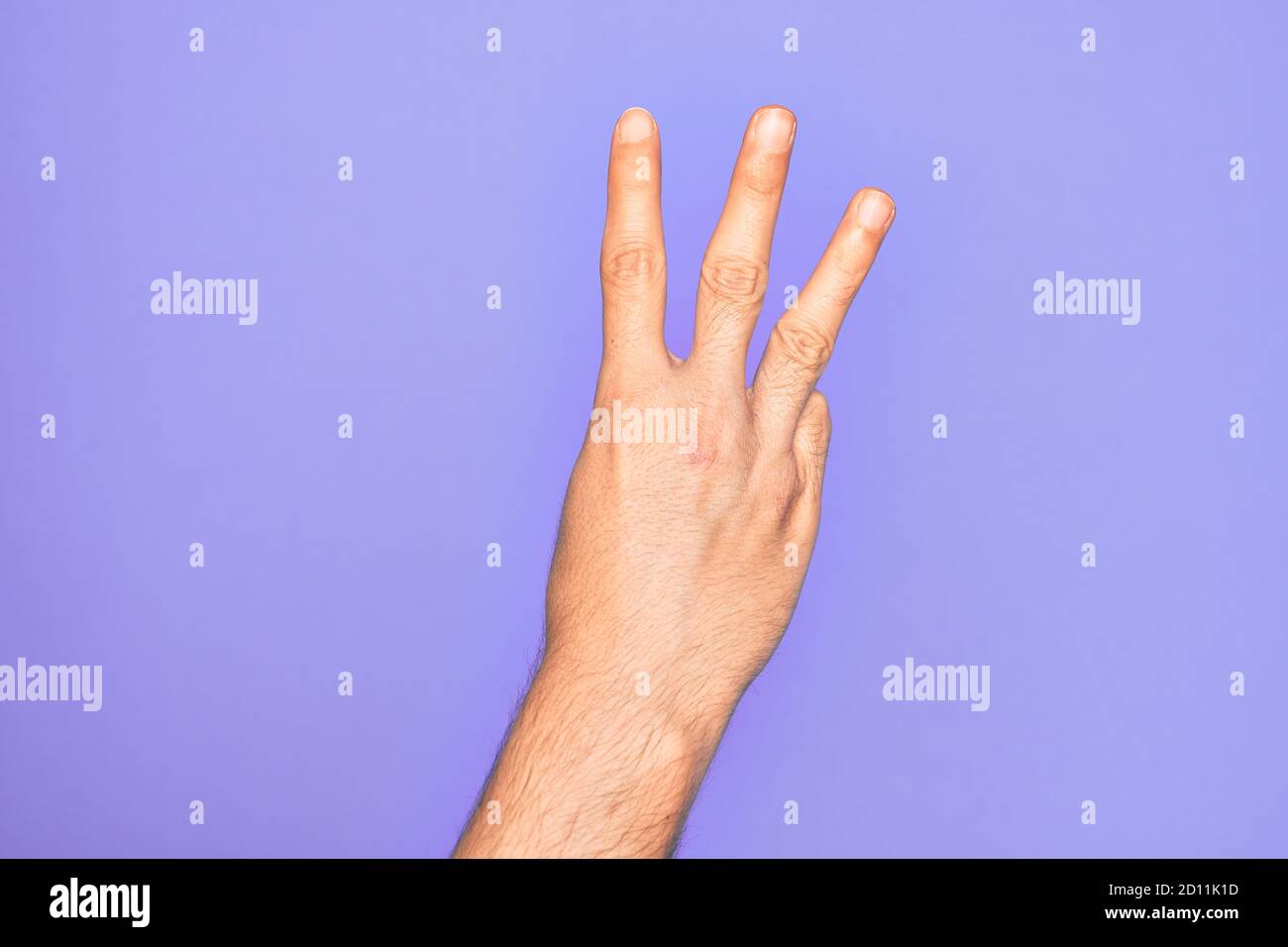 Hand of caucasian young man showing fingers over isolated purple ...