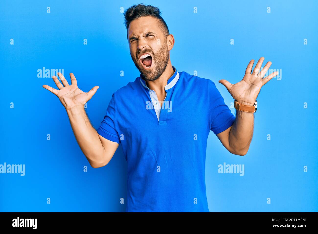 Handsome man with beard wearing casual clothes celebrating mad and ...