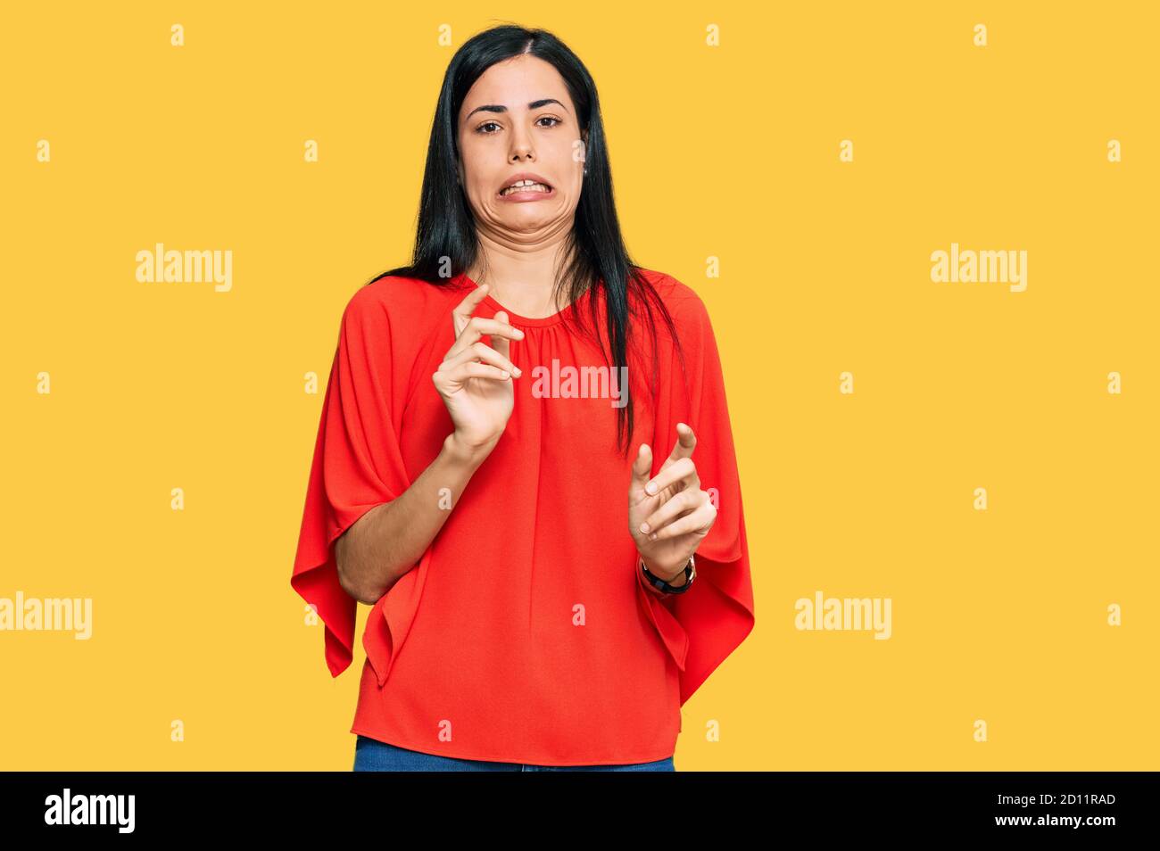 Beautiful young woman wearing casual clothes disgusted expression ...