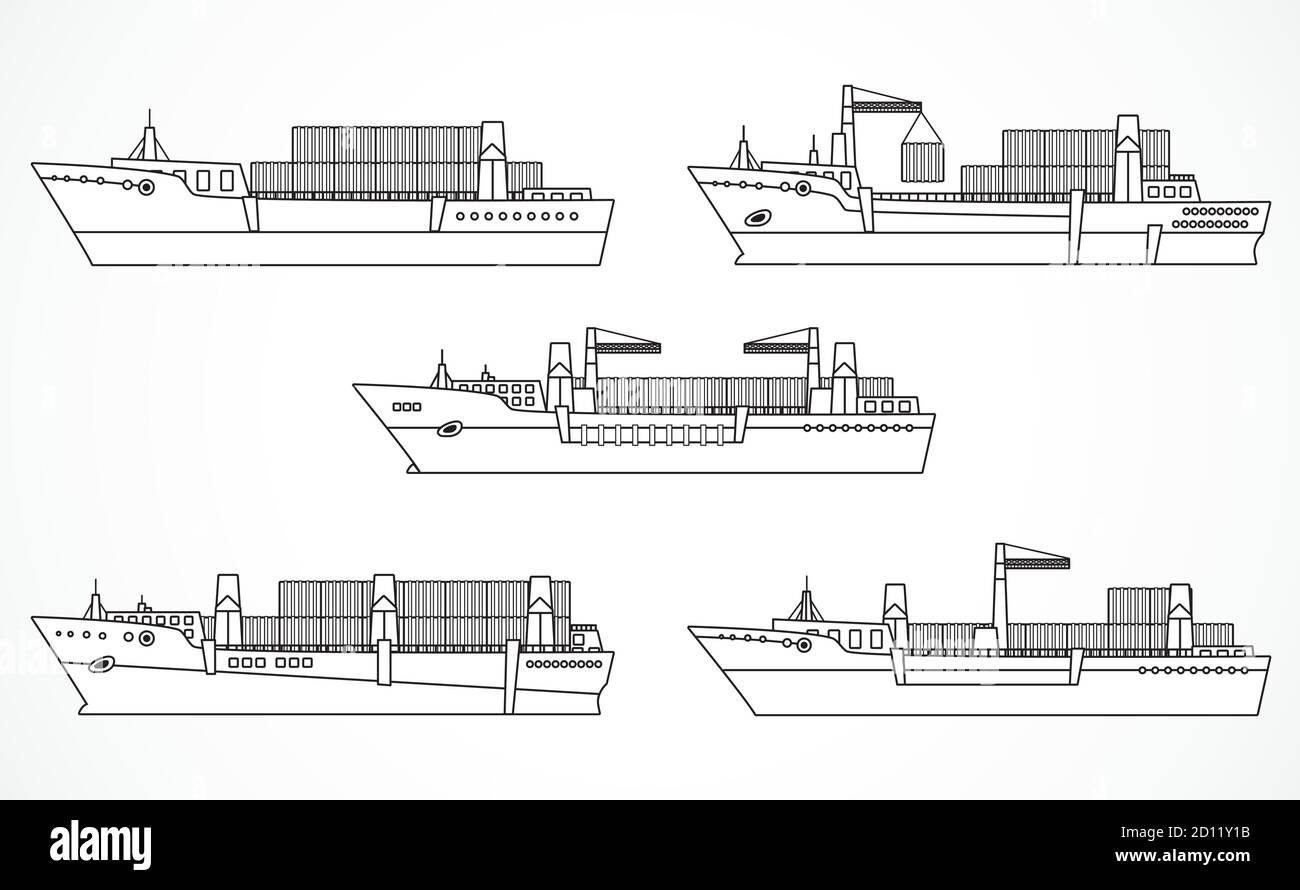 Vector set of dry cargo ships, container ships. Black contours. Please ...