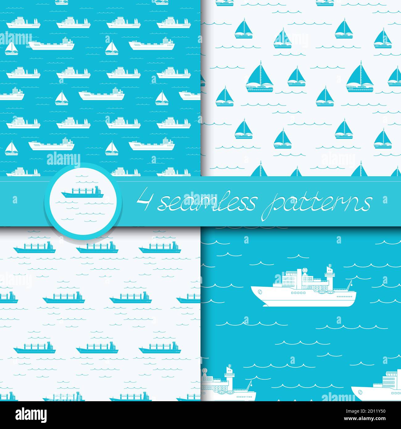 Vector set of four seamless patterns with ships: bulk carrier, dry ...