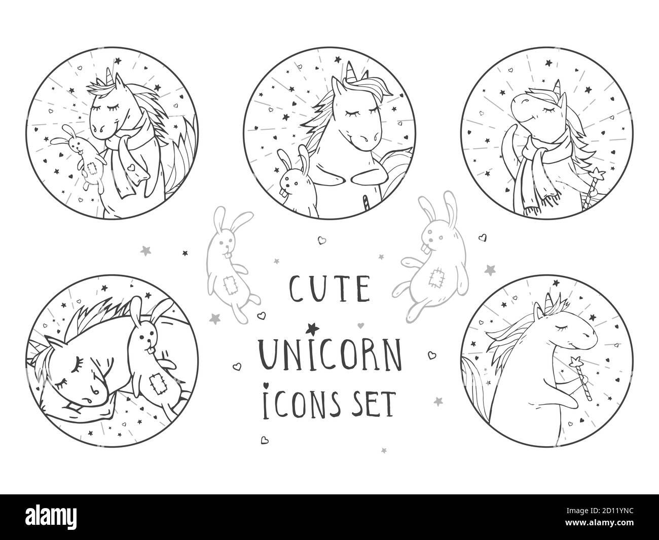 Vector set of black icons with hand drawn cute unicorns. Text вЂ“ CUTE ...