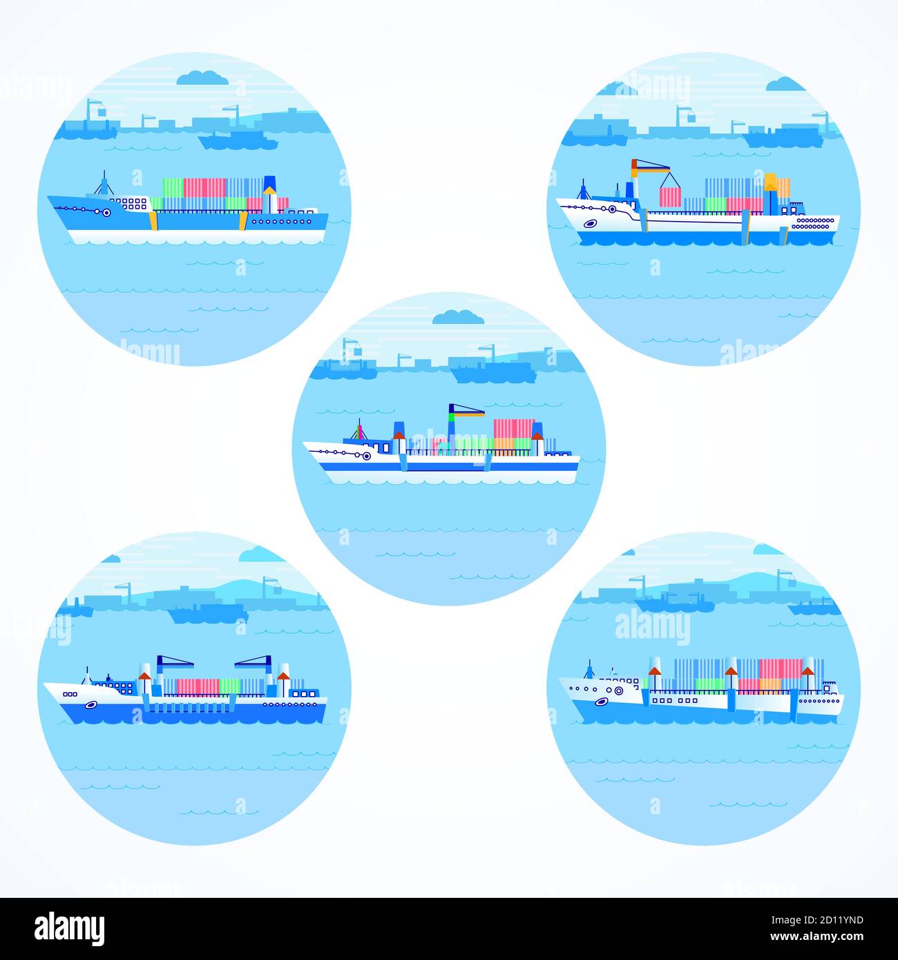 Set of round icons with container ships, sea and port. Colored. Please ...