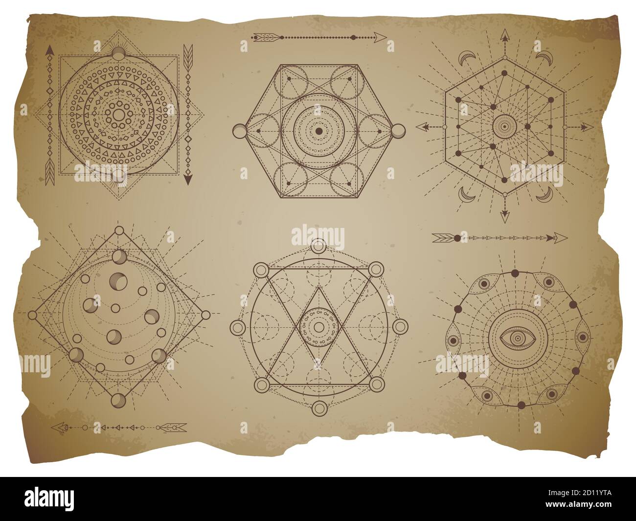Vector set of Sacred geometric symbols on old paper background with ...