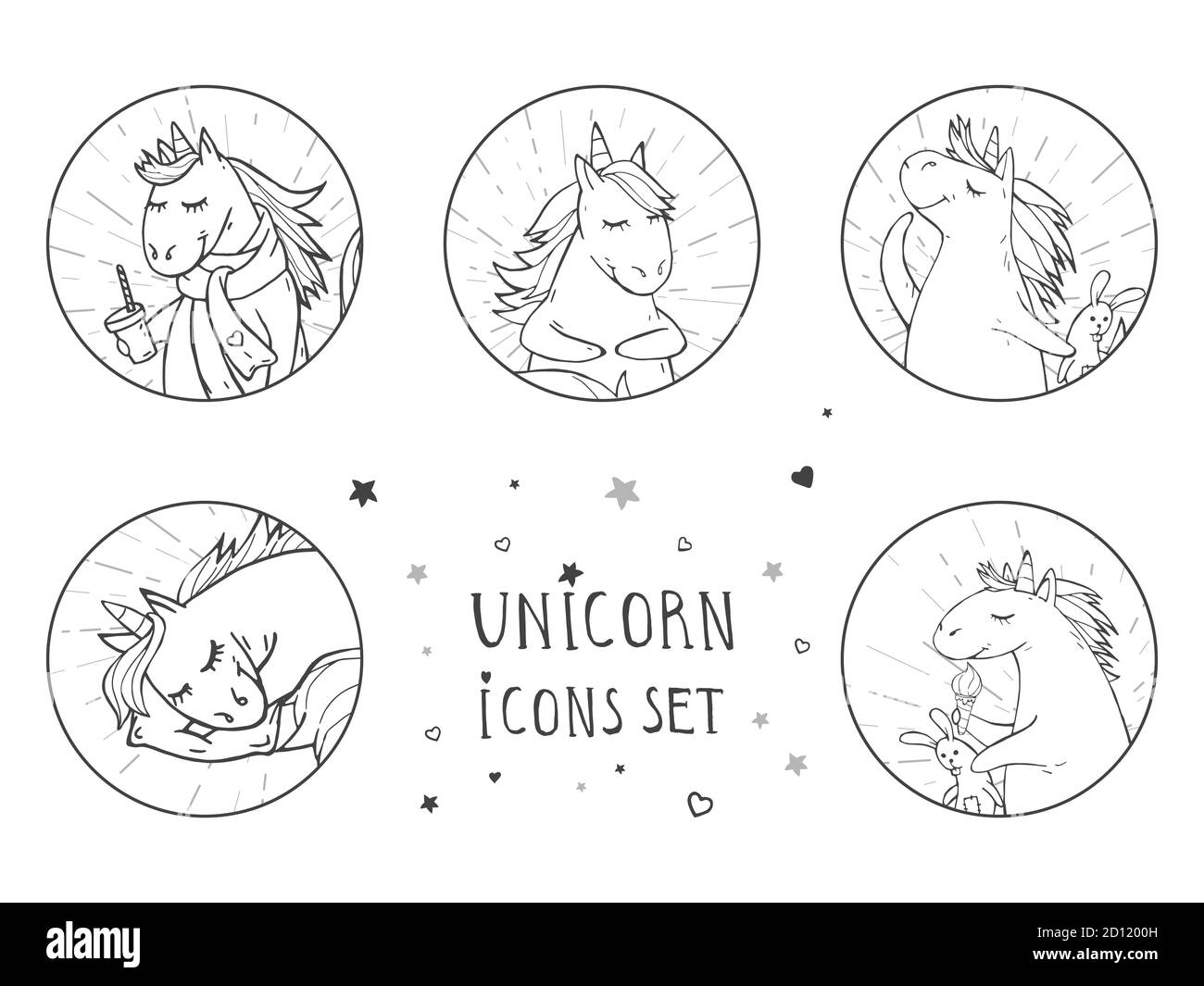 Vector set of black icons with hand drawn cute unicorns. Text – UNICORN ...
