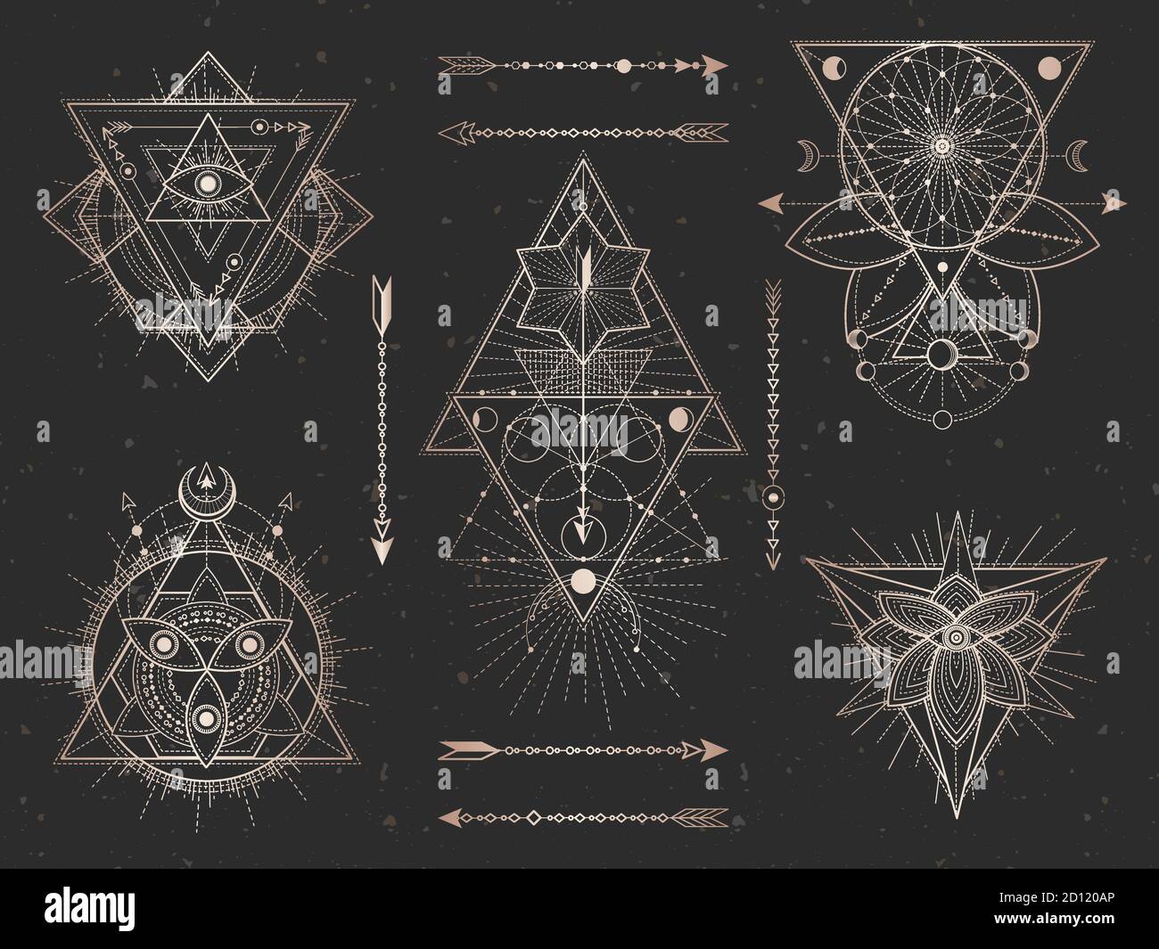 Vector set of Sacred triangle symbols and mystic figures on black ...