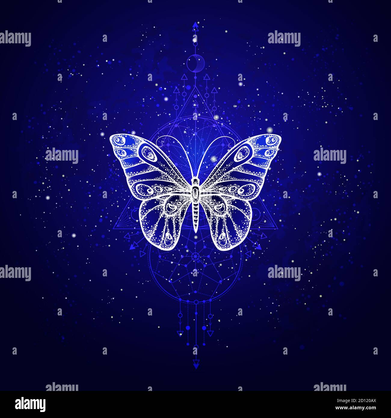 Vector illustration with hand drawn butterfly and Sacred geometric ...