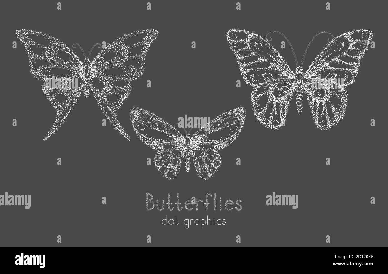 Vector set of white hand drawn butterflies on a white background. Dot ...