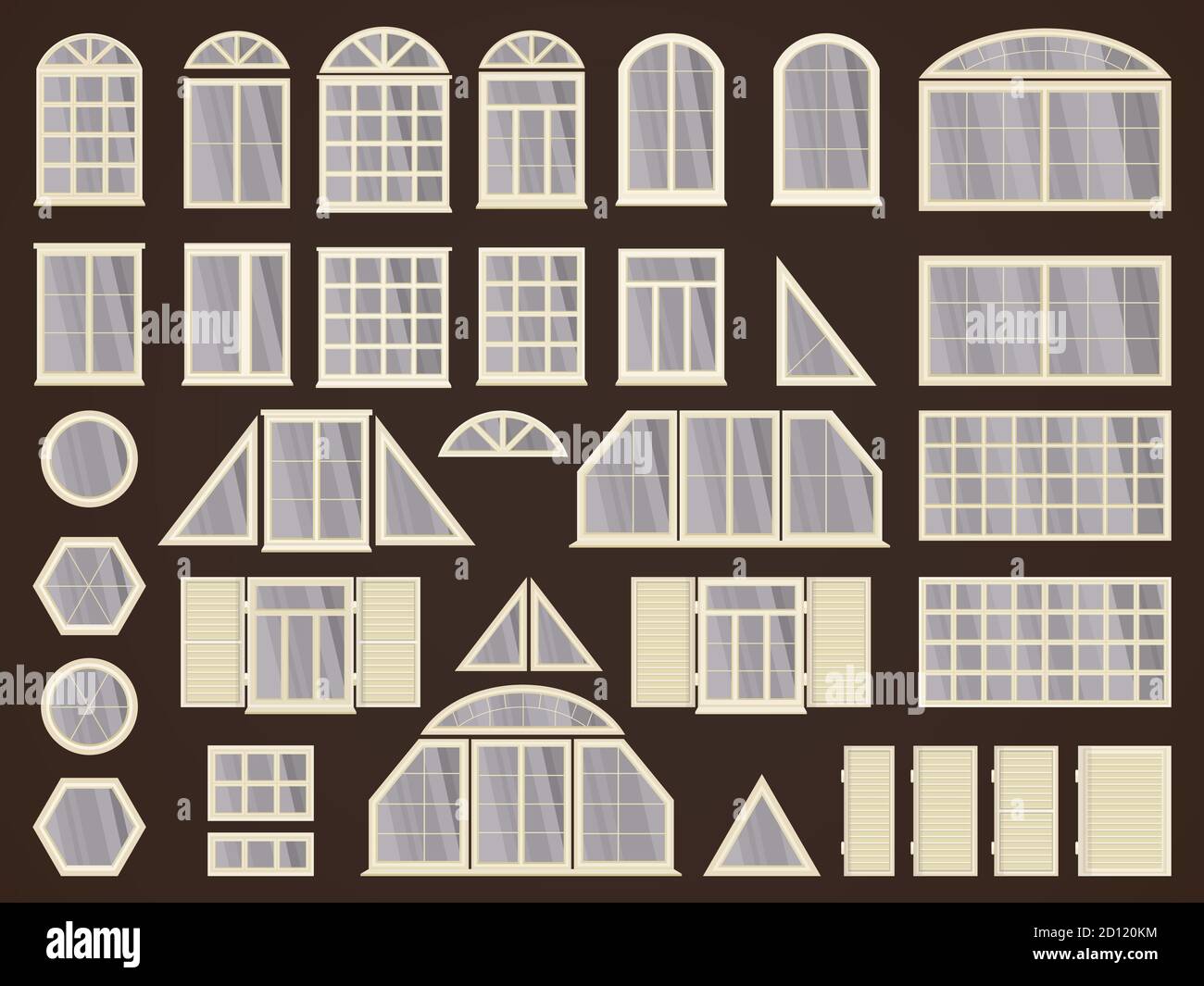 Vector set of different windows and shutters. In dark colors Stock ...