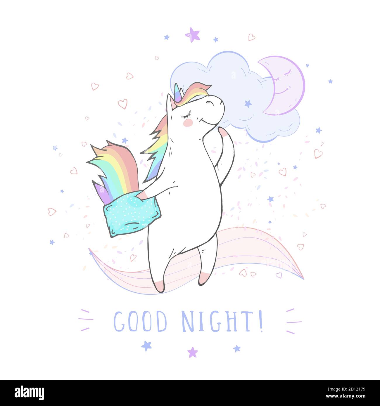 Vector illustration of hand drawn cute unicorn with pillow and text ...