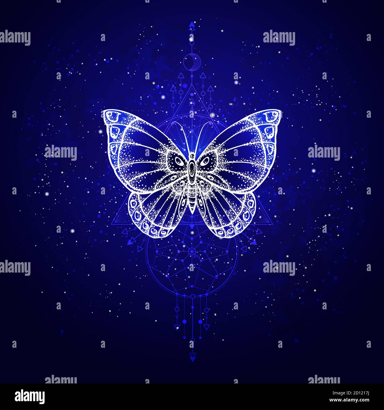 Vector illustration with hand drawn butterfly and Sacred geometric ...