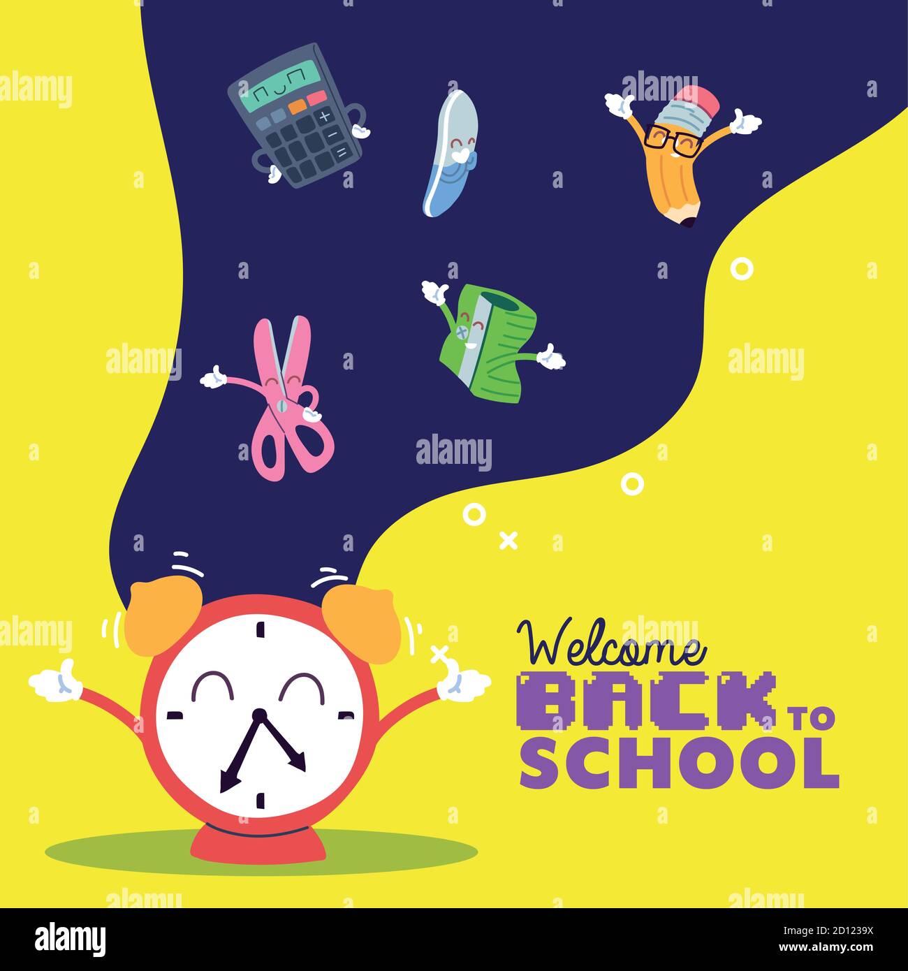 clock and icon set cartoons design, Back to school eduacation class ...