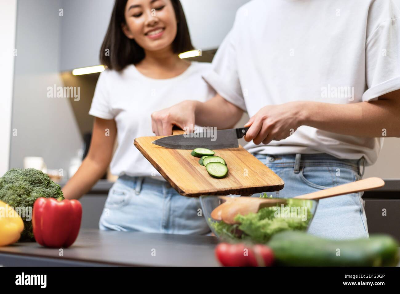 Happy Asian Couple Cooking Preparing Dinner In Kitchen Indoor, Cropped ...