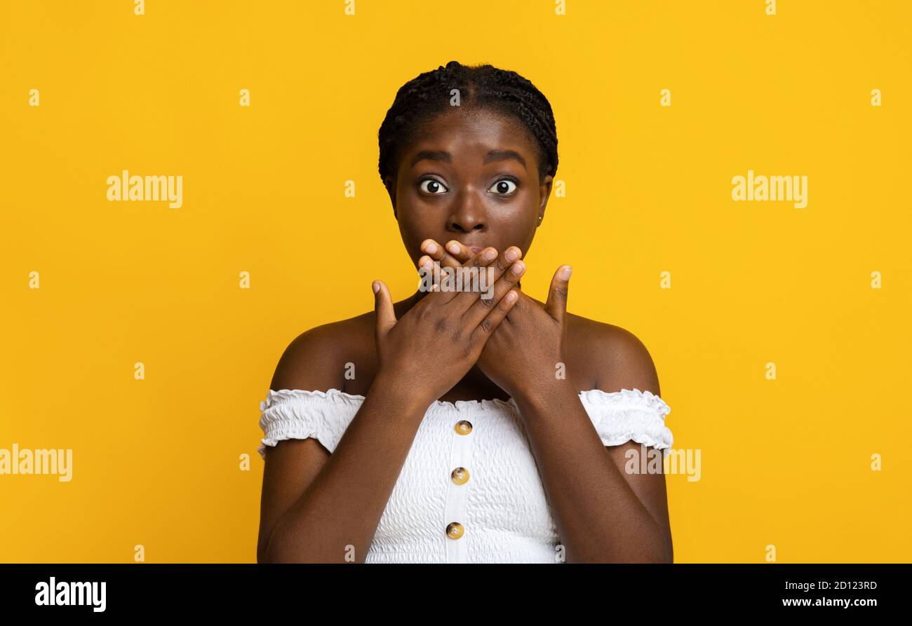 No Way. Shocked African American Woman Covering Face With Crossed Palms ...