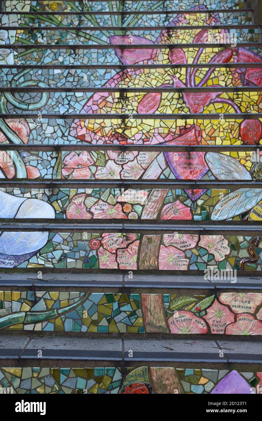 Colorful tile murals cladding the Hidden Garden Steps near San ...