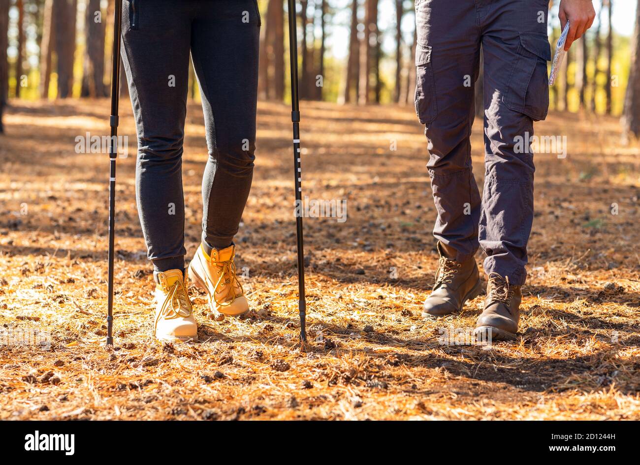 Friends legs walking by autumn forest, closeup Stock Photo - Alamy