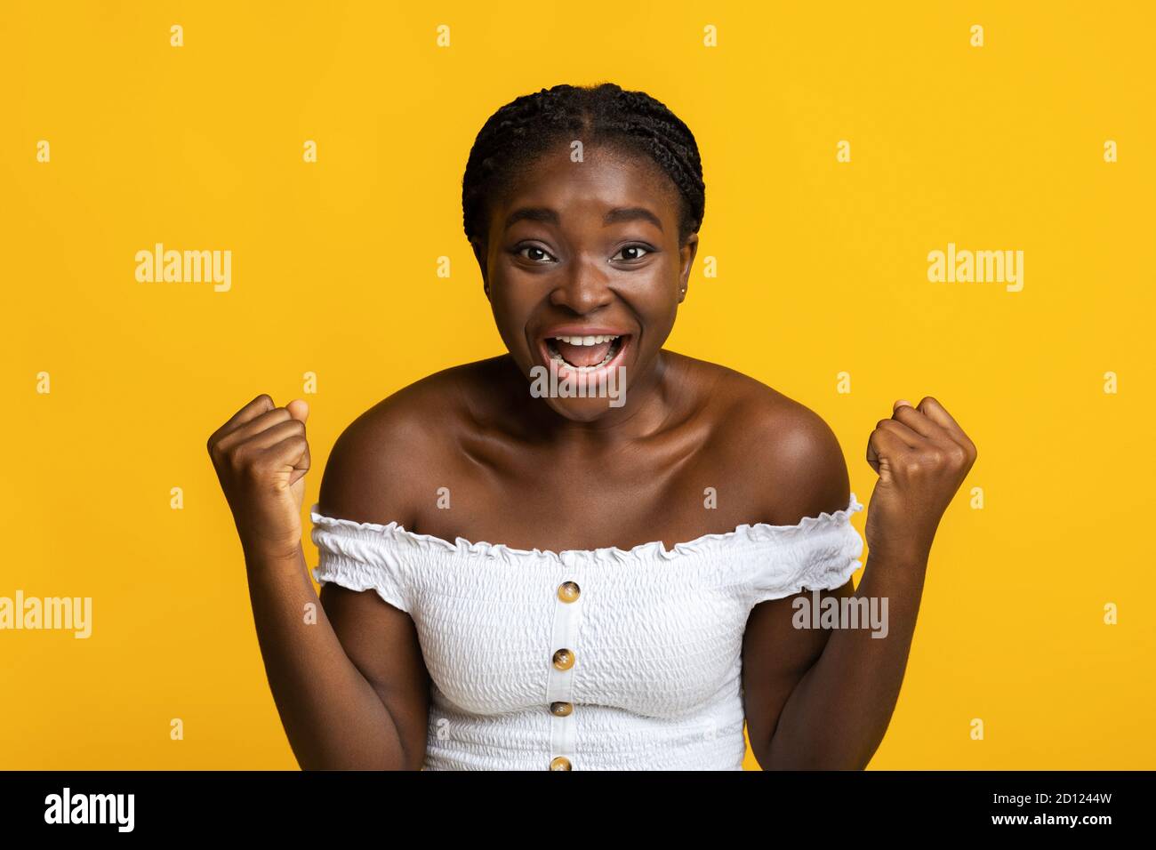 Unbelievable Luck. Euphoric African American Woman Celebrating Success ...