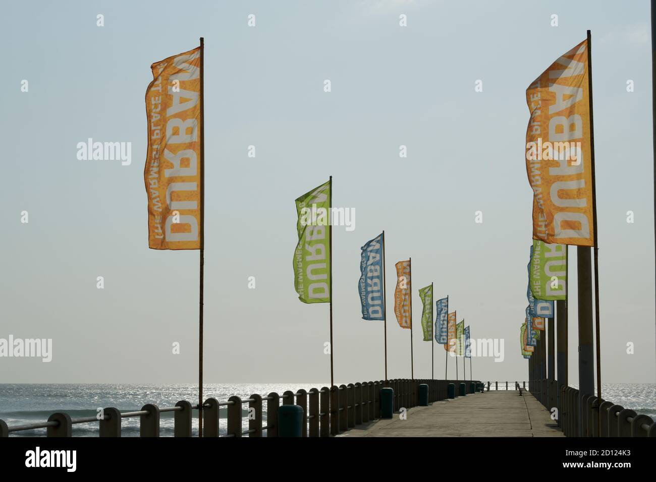 Durban flags in row on jetty, South Africa, holiday attraction, city ...