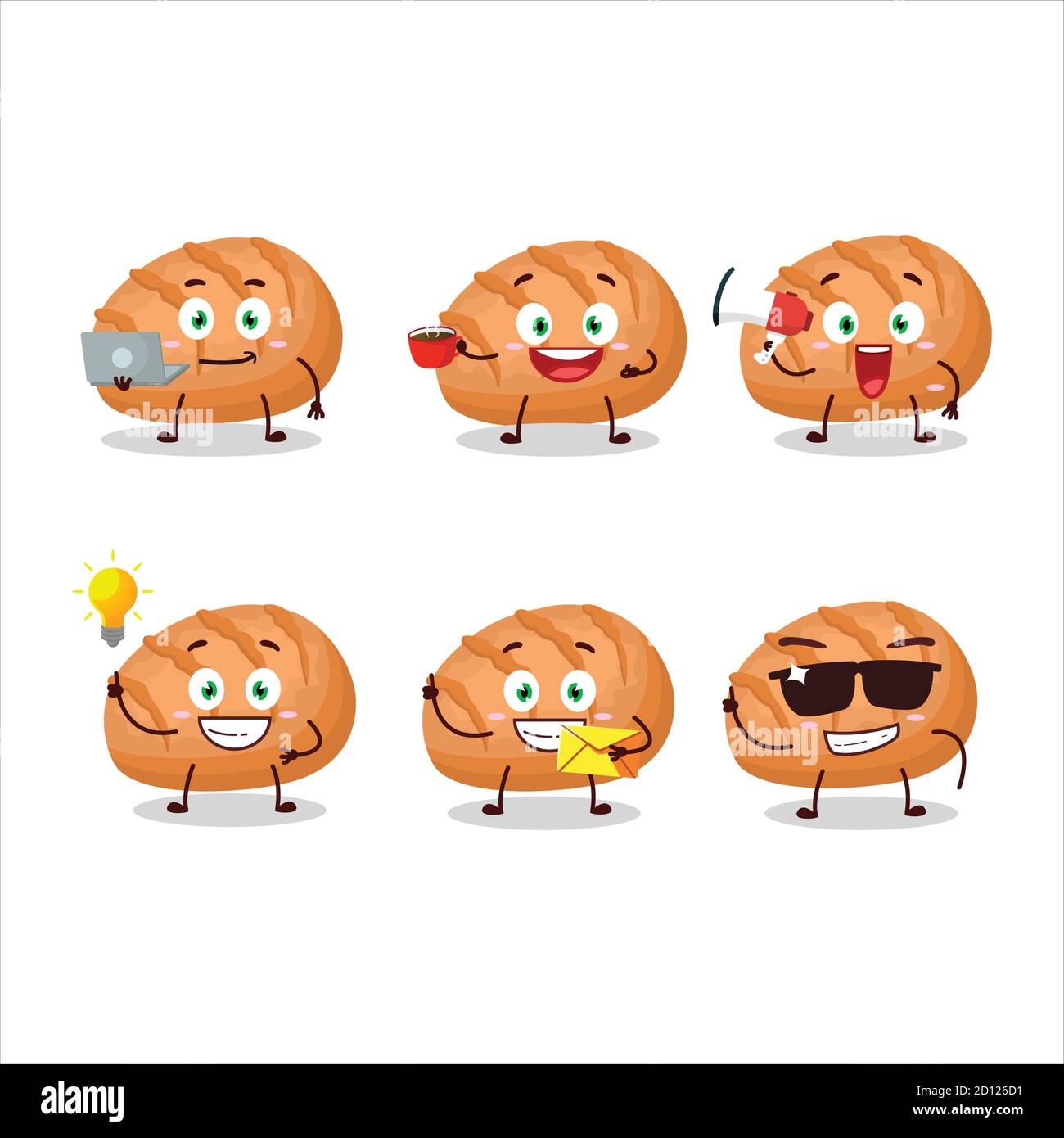Bun bread cartoon character with various types of business emoticons ...