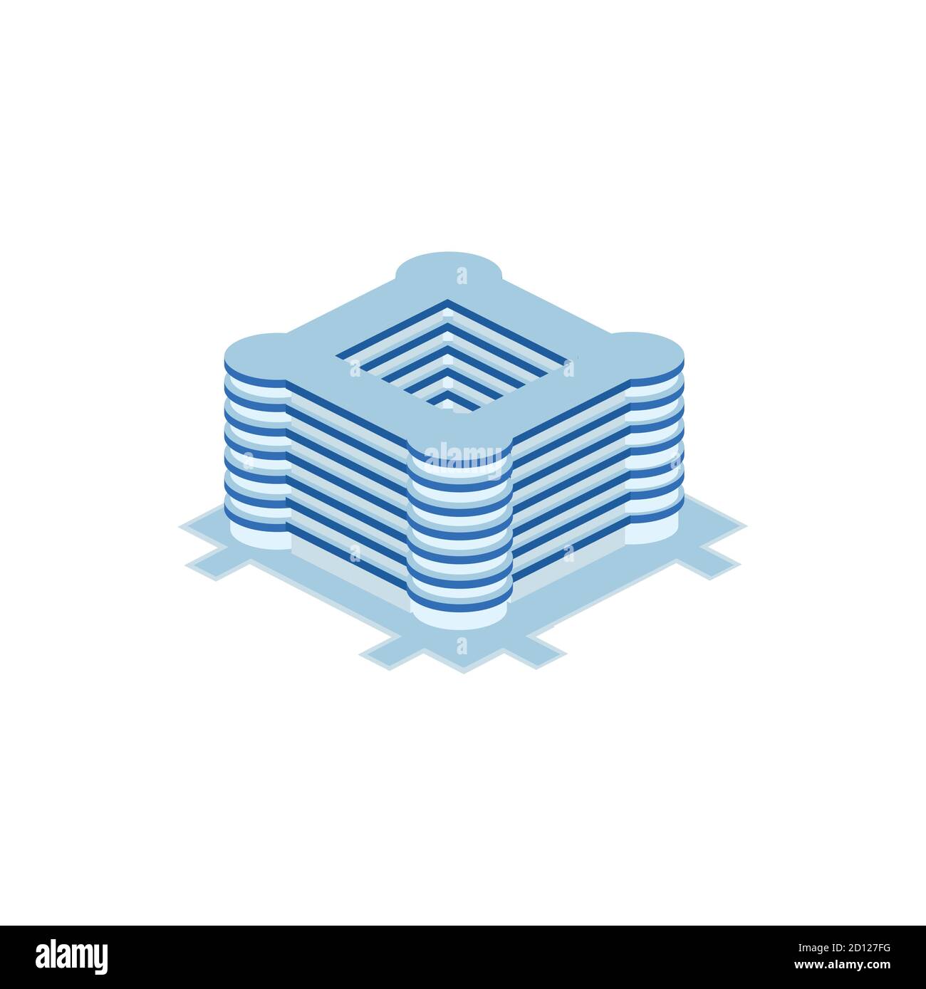 four circular tower are connected by industrial building form a ...