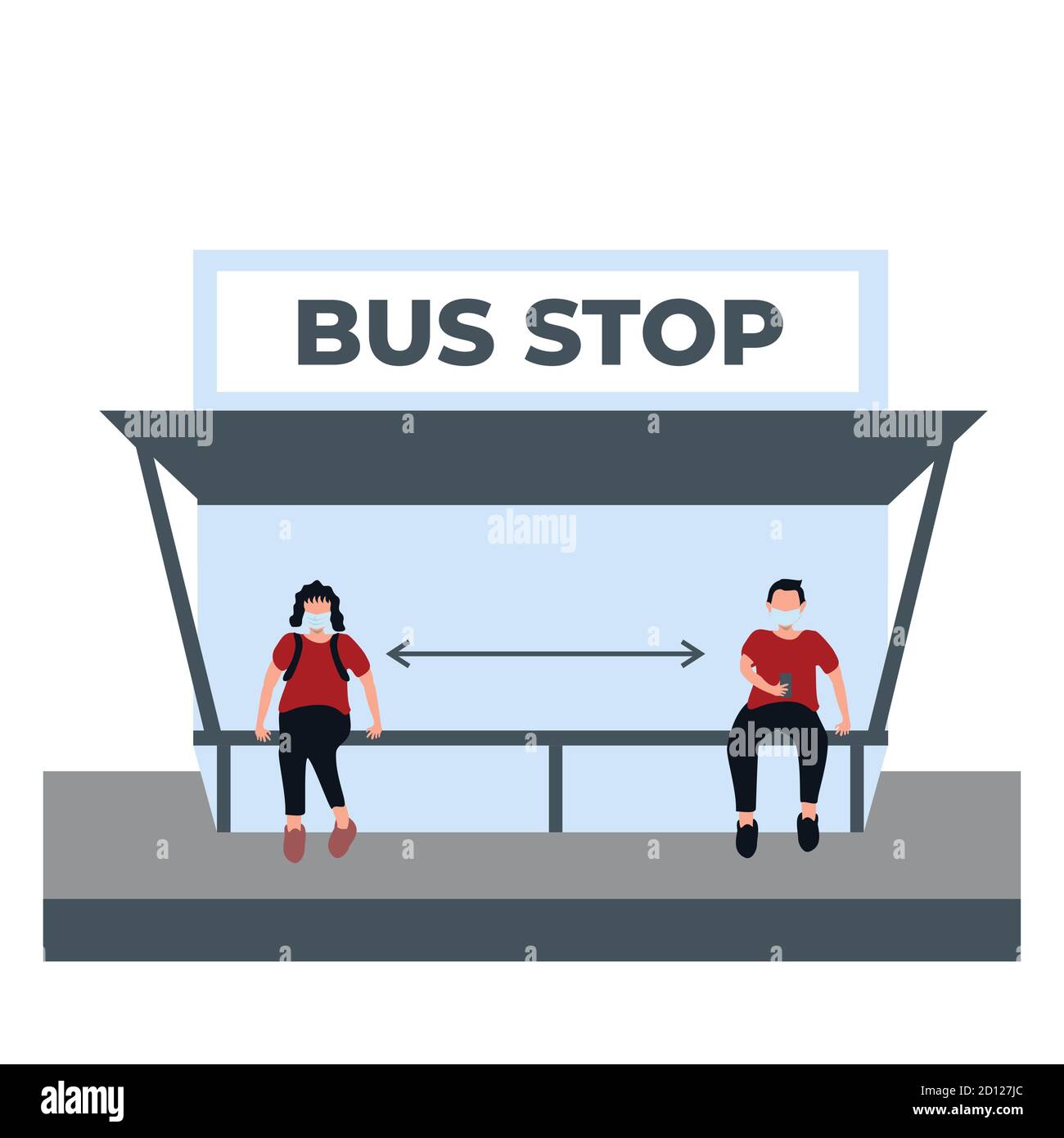 a man and woman doing social distancing and wear masker at the bus stop ...