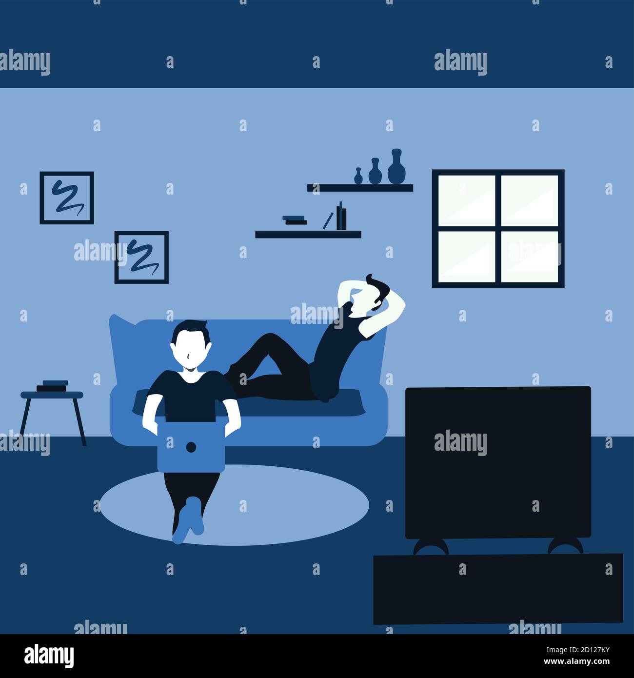 two man surfing internet with his laptop and watching television - two ...