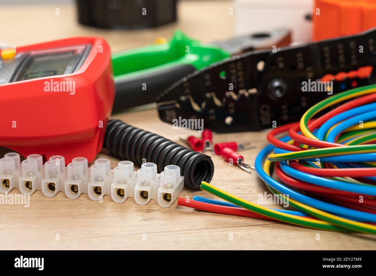 Tools for electrician needs: multimeter, voltage testers, wire ...