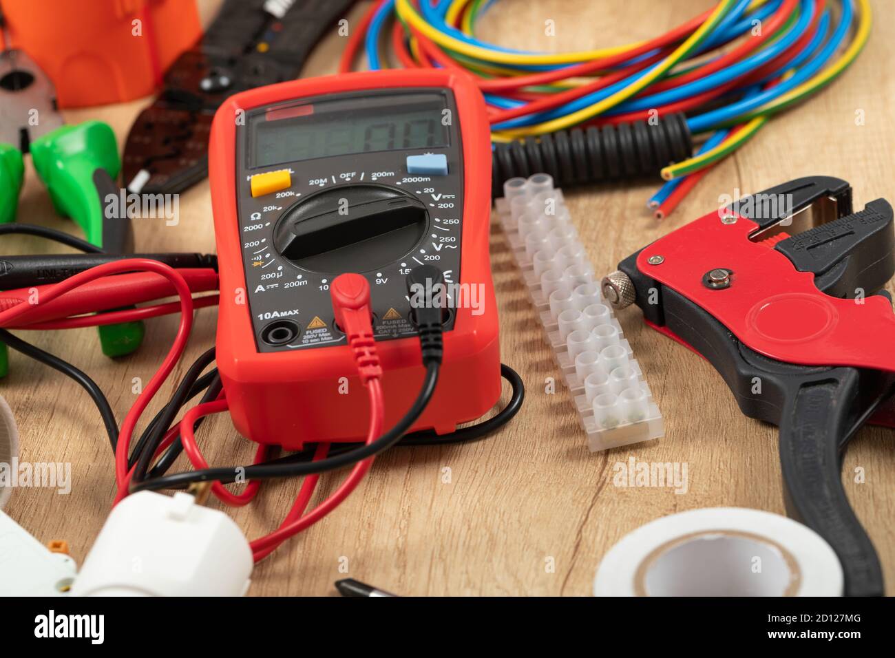 Tools for electrician needs: multimeter, voltage testers, wire ...