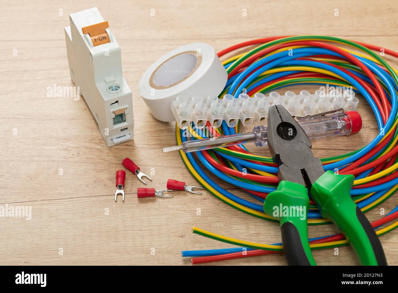 Tools for electrician needs: voltage testers, wire strippers, pliers ...