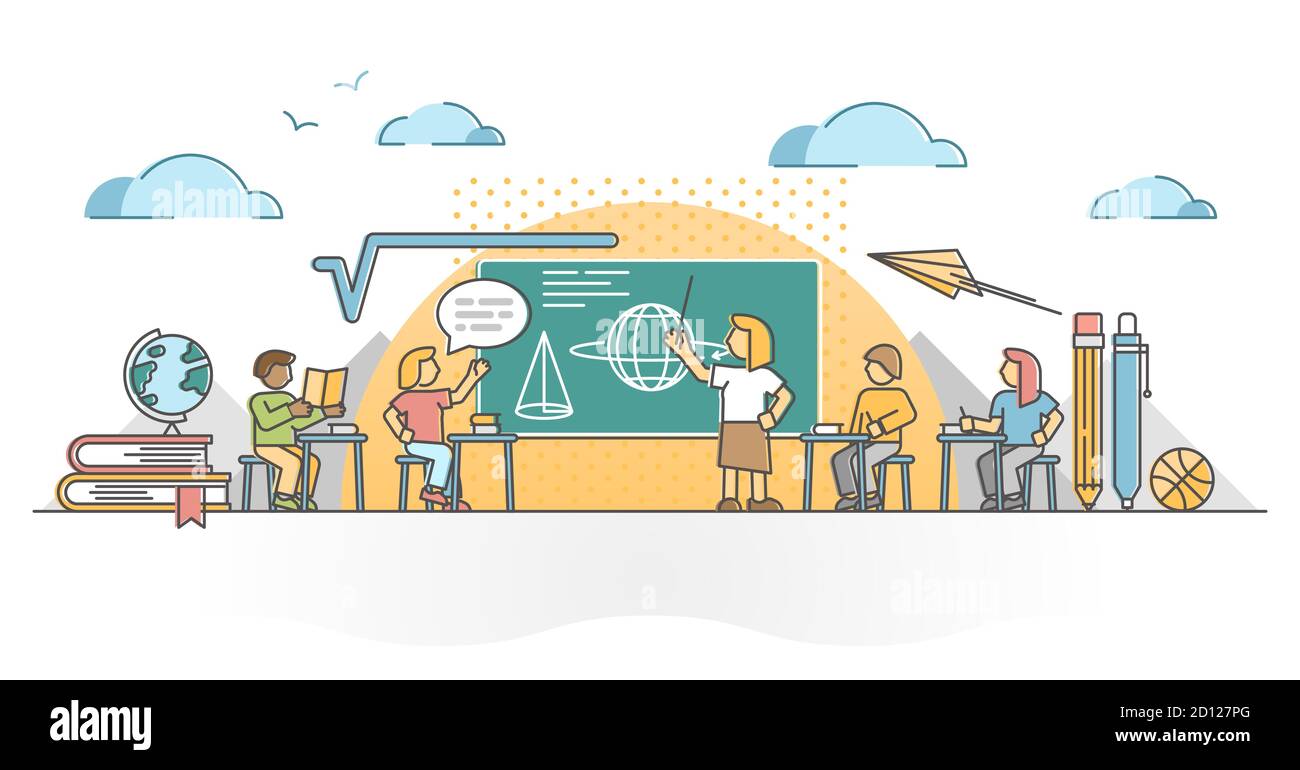 School class lesson with pupil, kids and teacher learning outline ...