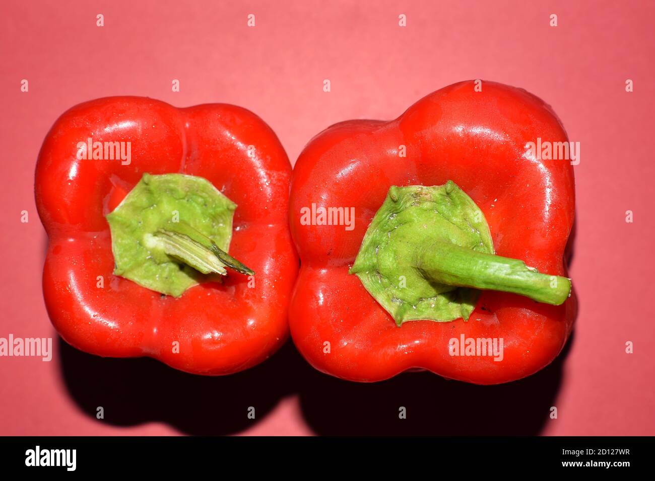 two red sweet bell peppers isolated close up on red background, produce ...