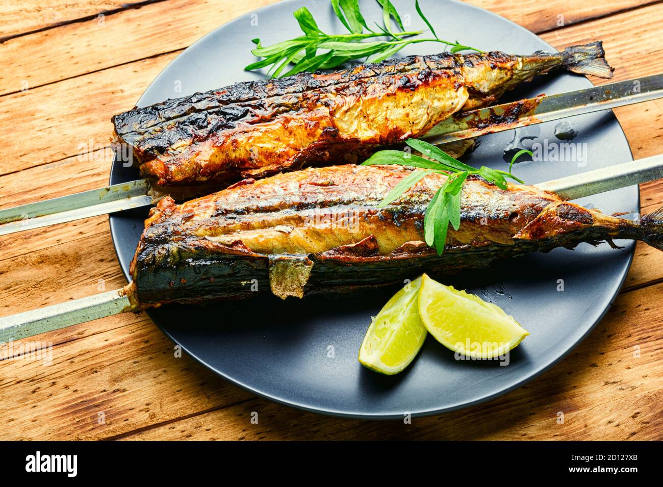 Fish kebab from mackerel.Mackerel on skewers.Fish barbecue skewer ...