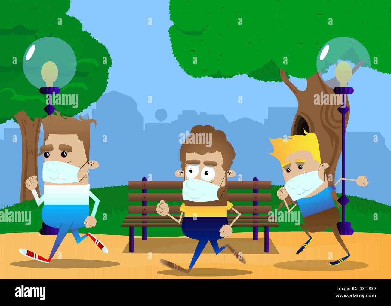 Retro cartoon men running in the city park, wearing medical masks to ...