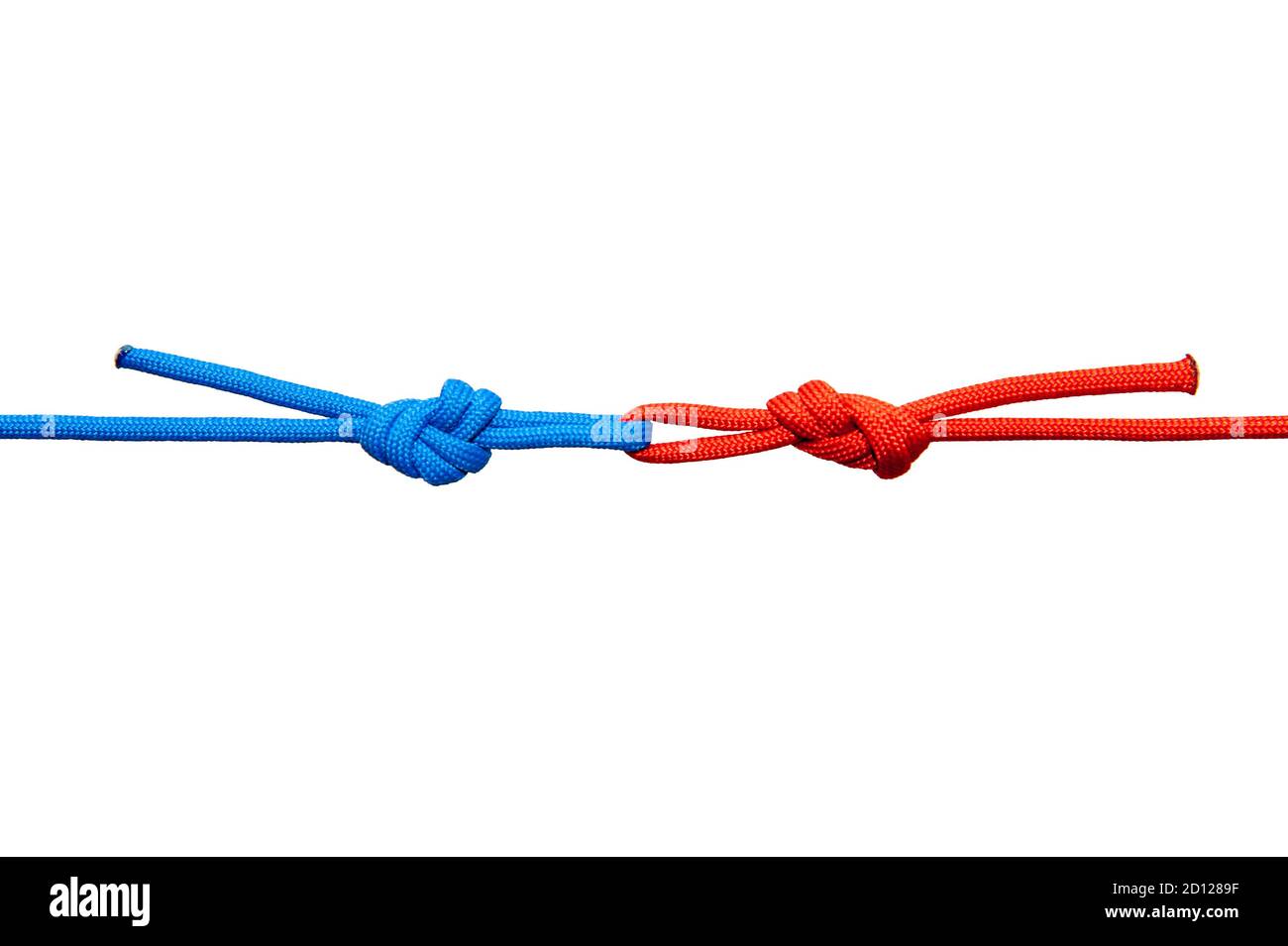 Two red and blue cords are connected . Knot on a cord isolated on a ...