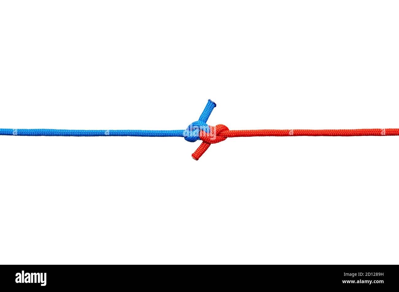 Two red and blue cords are connected . Knot on a cord isolated on a ...