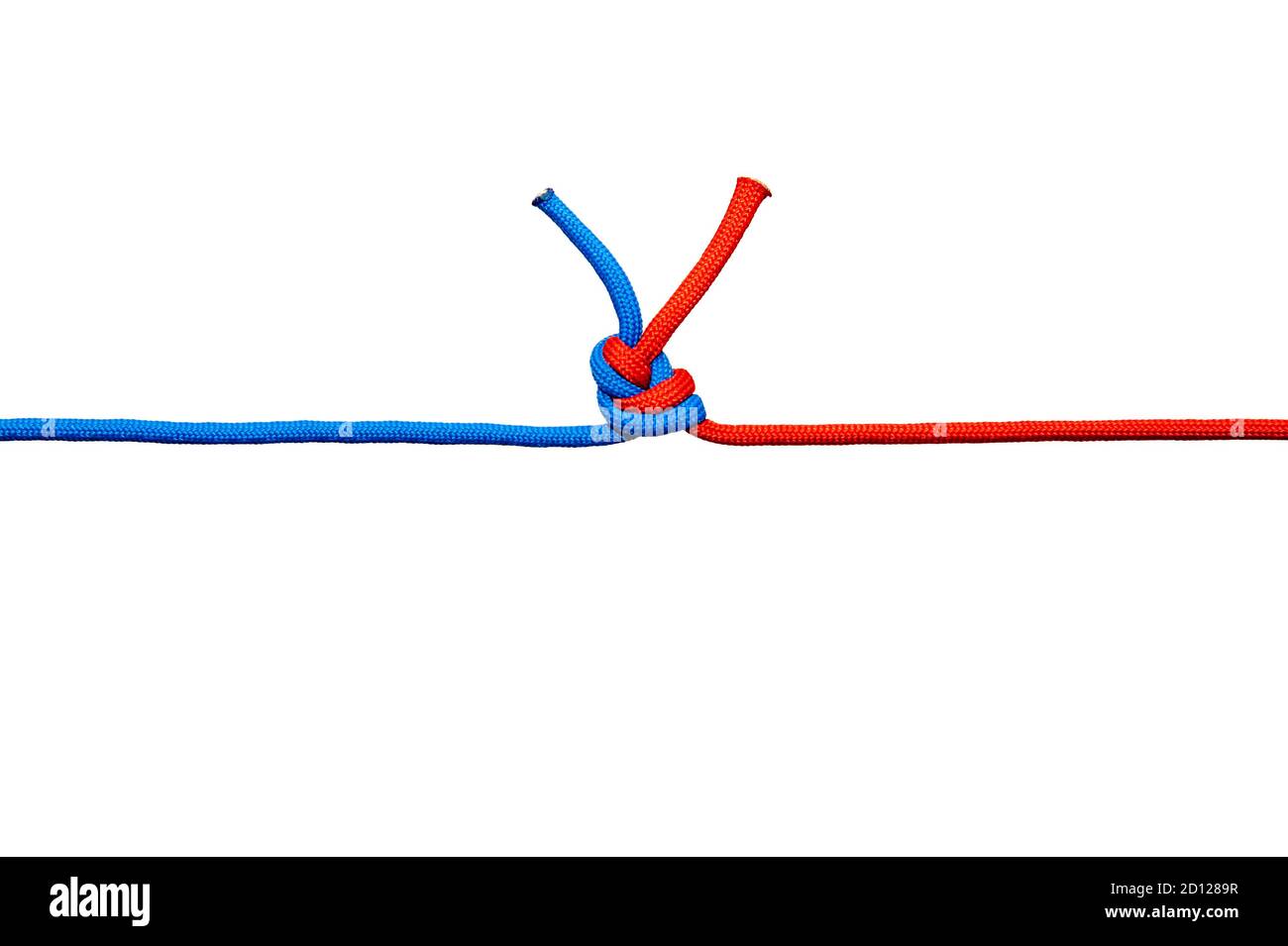 Two red and blue cords are connected . Knot on a cord isolated on a ...